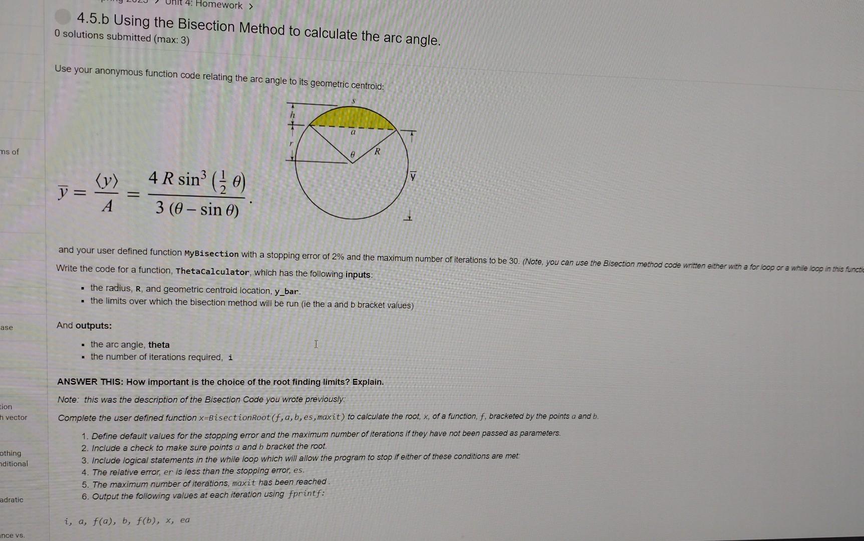 Solved 4.5.b Using the Bisection Method to calculate the arc | Chegg.com