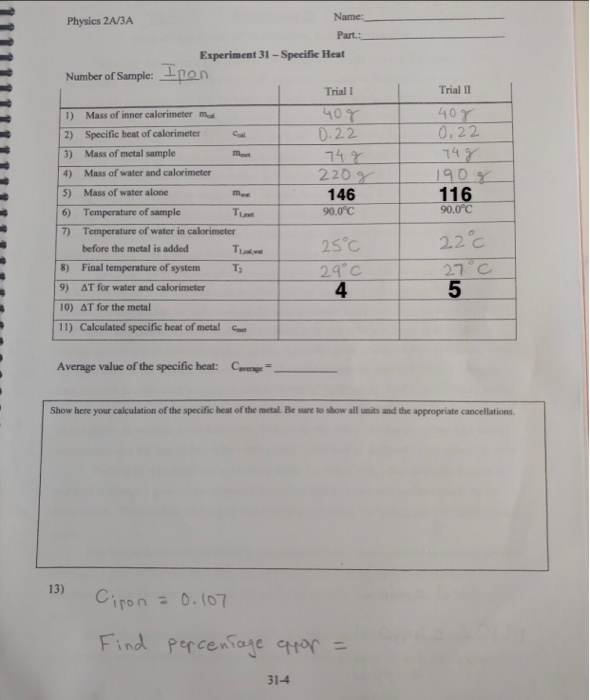 Solved Physics 2A/3A Name: Part: Experiment 31 - Specific | Chegg.com