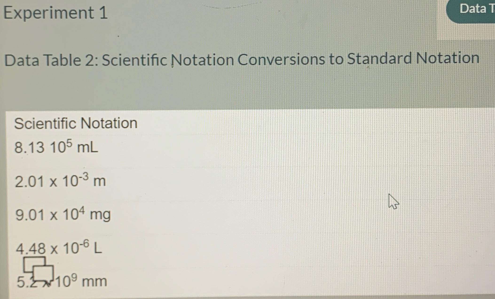 Solved Experiment 1Data TData Table 2: Scientific Notation | Chegg.com