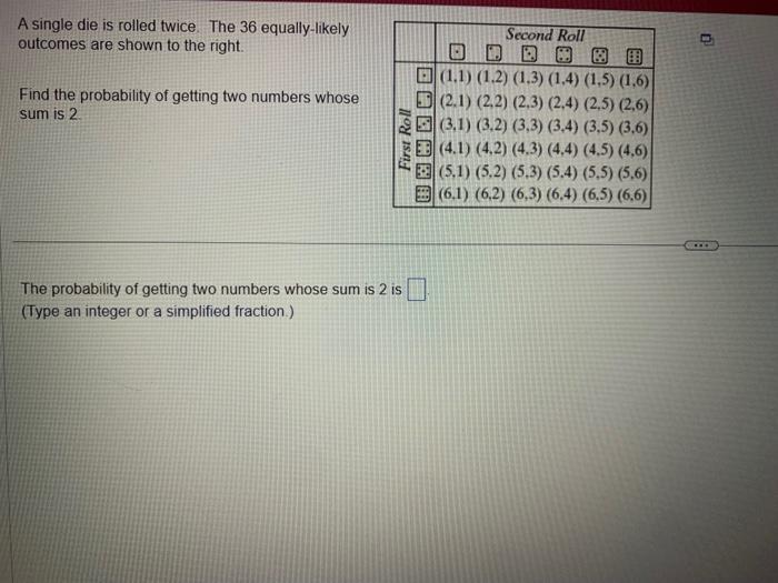 Solved A single die is rolled twice. The 36 equally-likely | Chegg.com