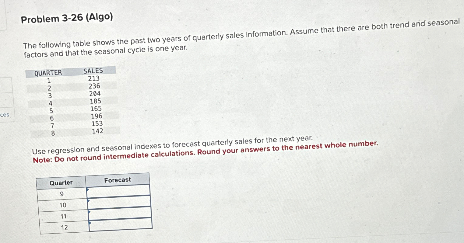 Solved Problem 3-26 (Algo)The following table shows the past | Chegg.com
