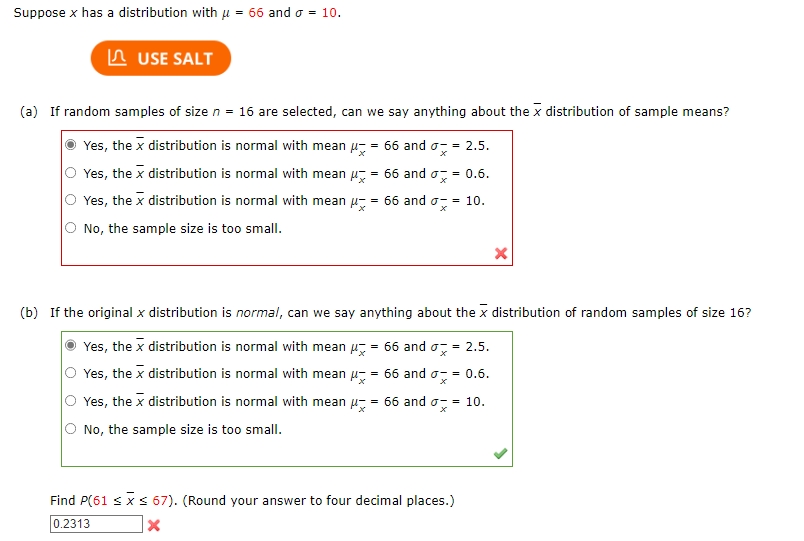 Solved Suppose x ﻿has a distribution with μ = 66 ﻿and | Chegg.com