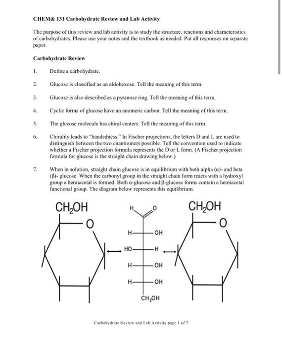 Solved 1. 2 4. CHEM& 131 Carbohydrate Review and Lab | Chegg.com