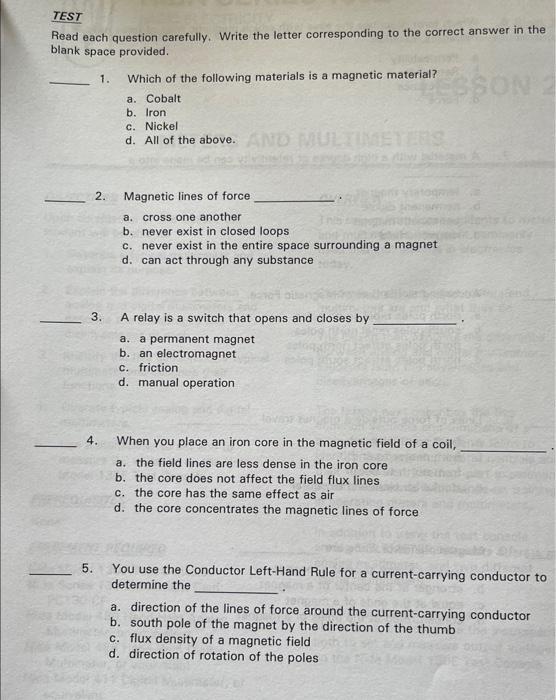Solved TEST Read each question carefully. Write the letter | Chegg.com