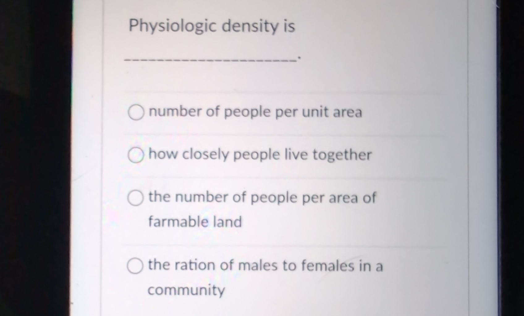 Solved Physiologic density is number of people per unit | Chegg.com