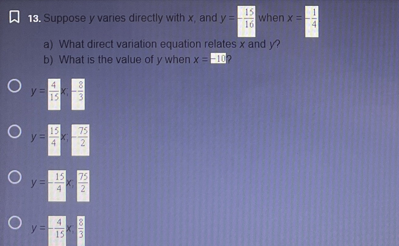 Solved Suppose y ﻿varies directly with x, ﻿and y=-1516 ﻿when | Chegg.com