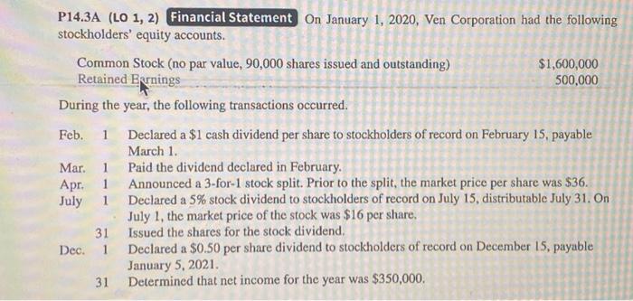 Solved P14.3A (LO 1, 2) Financial Statement on January 1, | Chegg.com