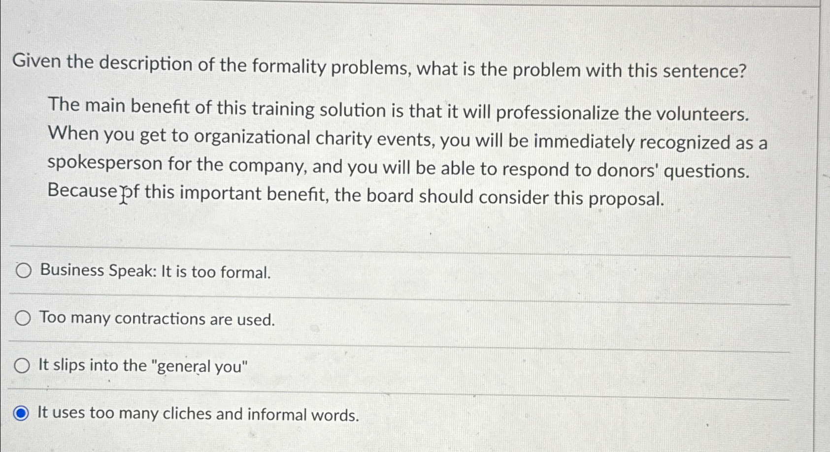 Solved Given the description of the formality problems, what | Chegg.com