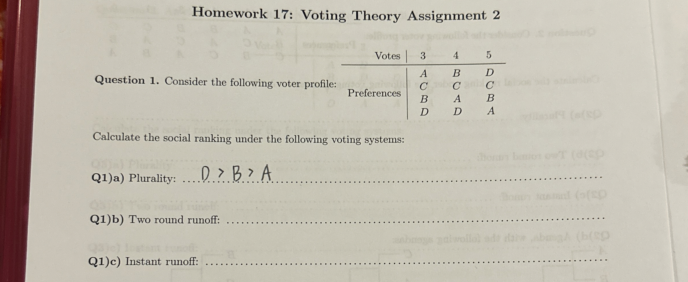 Solved Homework 17: Voting Theory Assignment 2Question 1. | Chegg.com