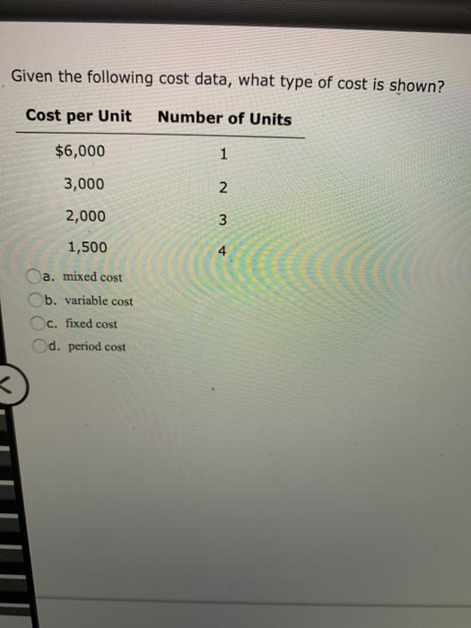 Solved Given the following cost data, what type of cost is | Chegg.com