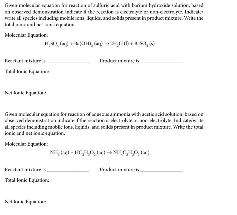 Solved Given Molecular Equation For Reaction Of Sulfuric