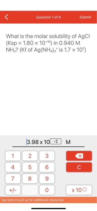 Solved What is the molar solubility of AgCl (Ksp=1.80×10−10) | Chegg.com