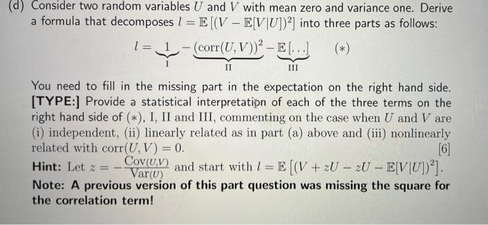 Solved (d) Consider two random variables U and V with mean | Chegg.com