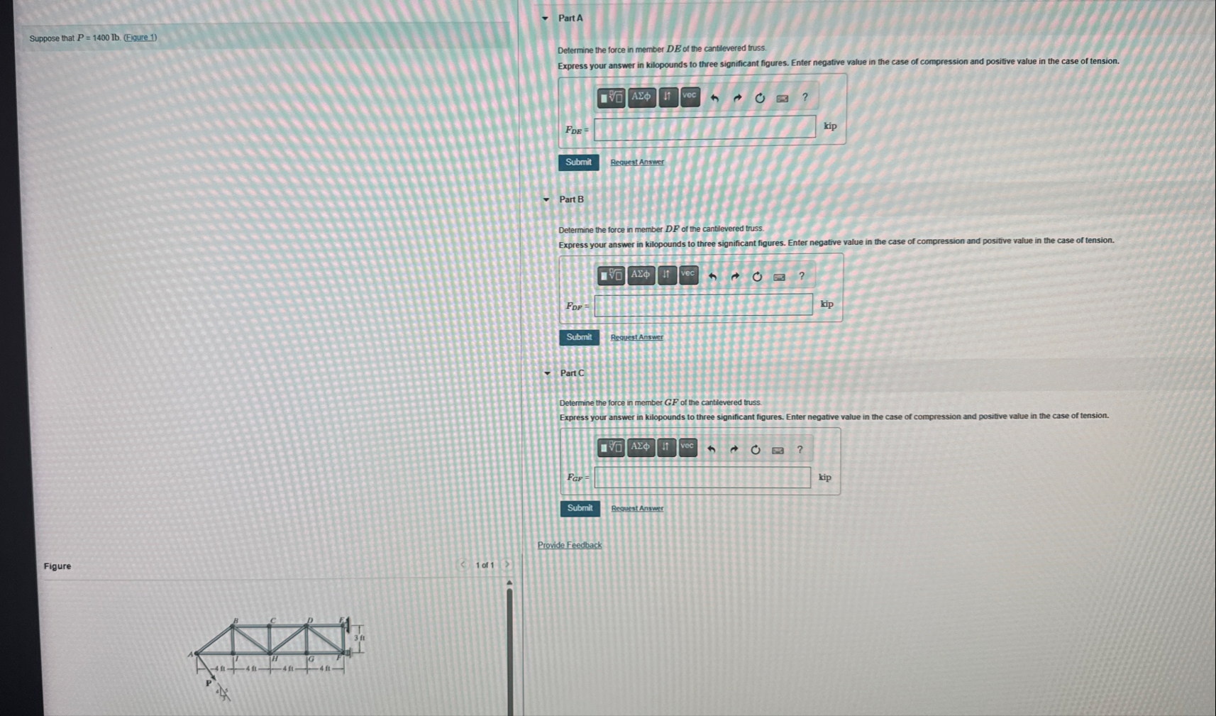 Solved Part ASuppose that P=1400lb. (Eigure 1)Determine the | Chegg.com