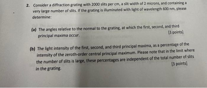 Solved 2. Consider a diffraction grating with 2000 slits per | Chegg.com
