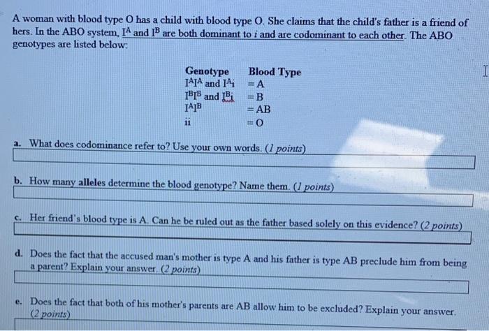 Solved A woman with blood type O has a child with blood type | Chegg.com