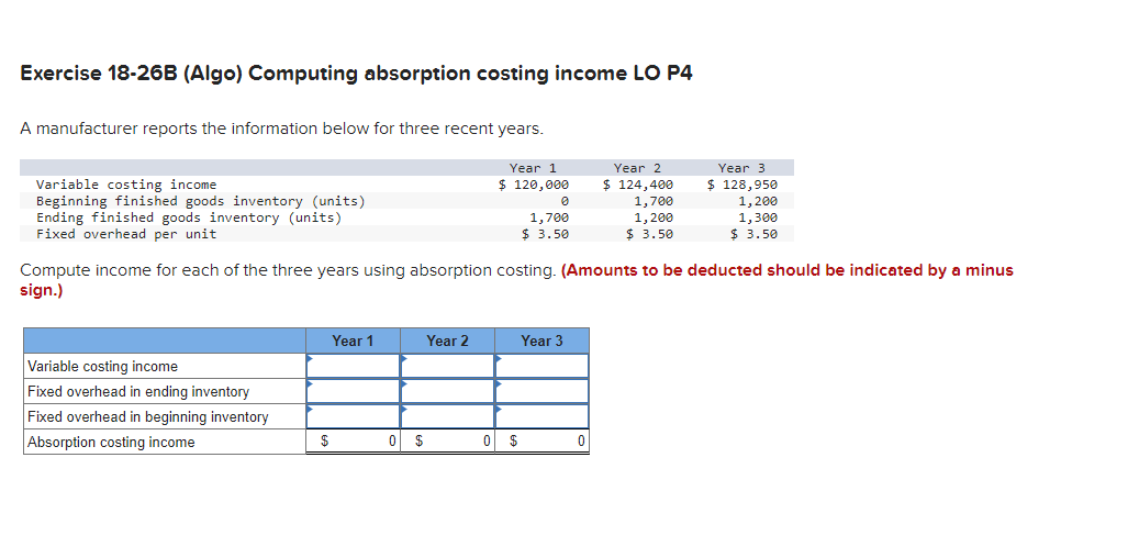 Solved Exercise 18-26B (Algo) ﻿Computing absorption costing | Chegg.com