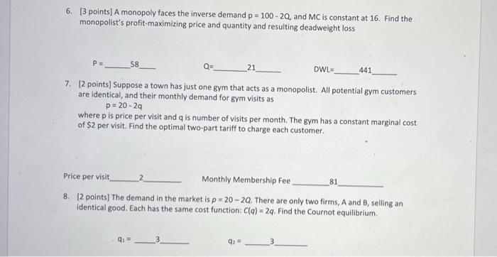 Solved 6. [3 points] A monopoly faces the inverse demand p = | Chegg.com
