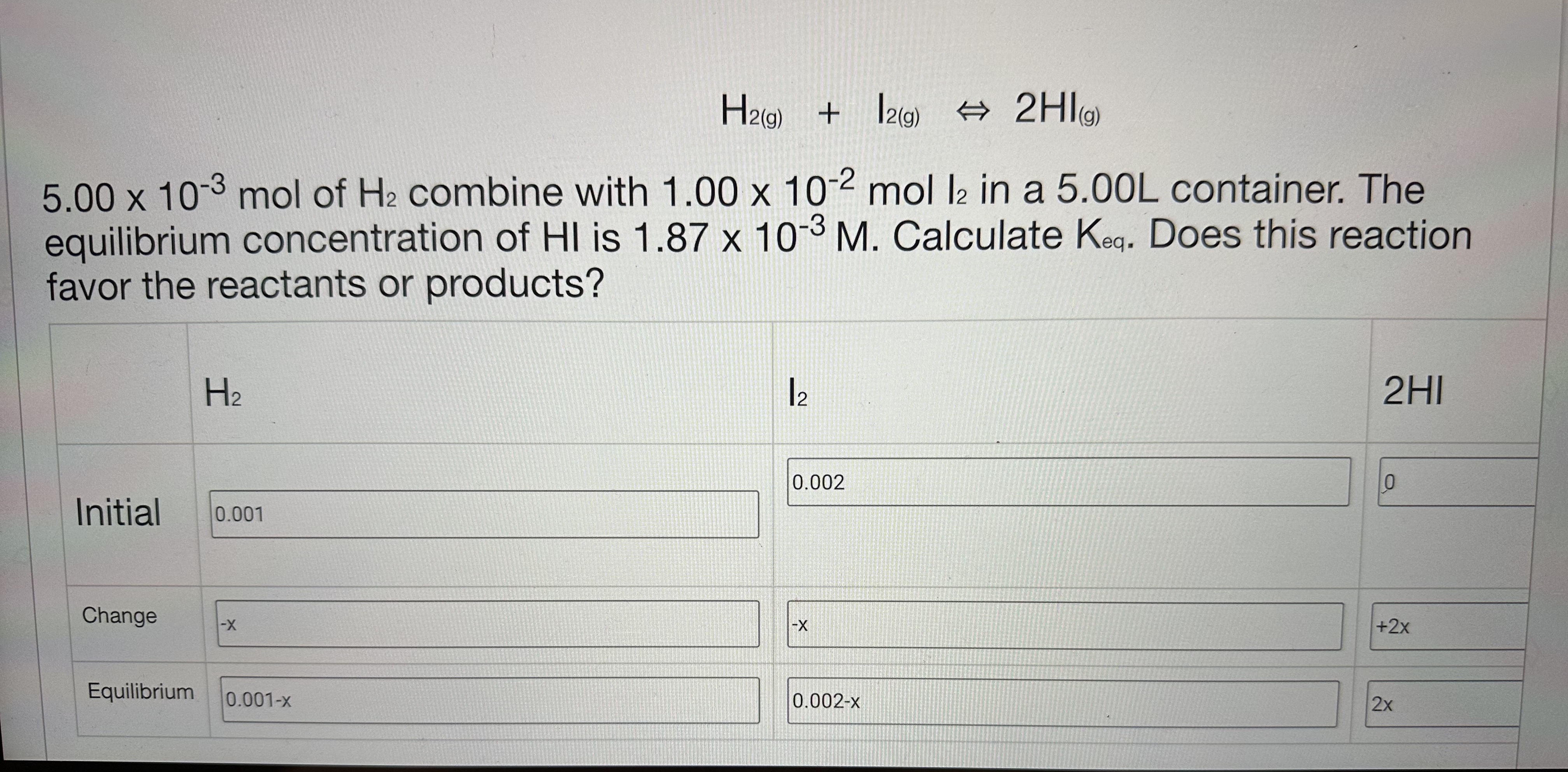 Solved H2(g)+I2(g)≤>2H(g)5.00×10-3mol of H2 ﻿combine with | Chegg.com