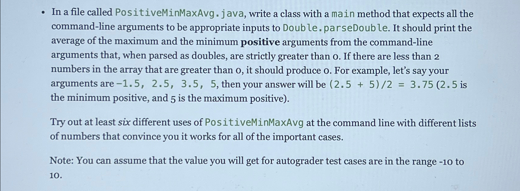 In a file called PositiveMinMaxAvg . ﻿java, write a | Chegg.com