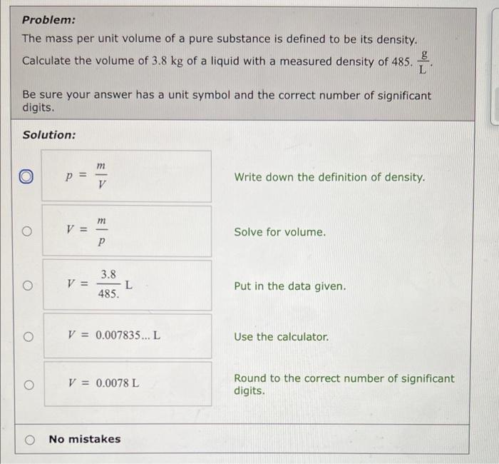 Solved Problem: The mass per unit volume of a pure substance | Chegg.com