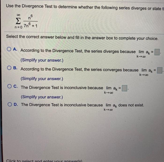 Solved use the divergence test to determine whether the | Chegg.com