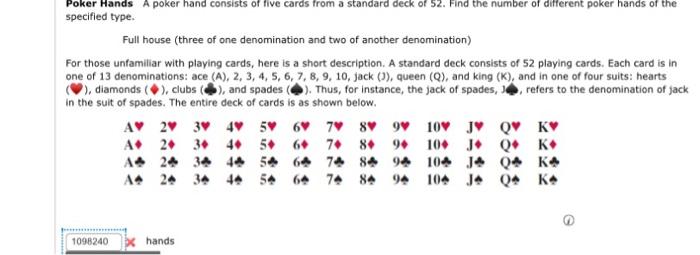 Solved Poker Hands A poker hand consists of five cards from | Chegg.com