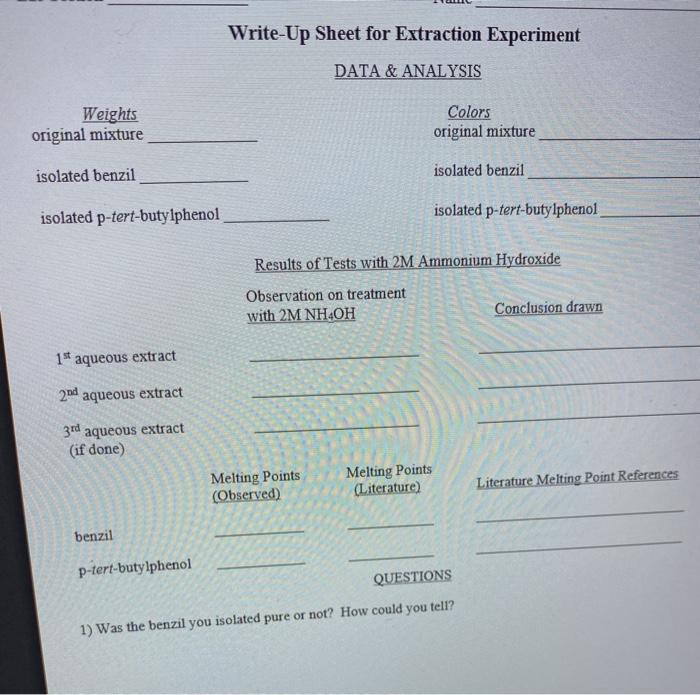 Solved Write-Up Sheet for Extraction Experiment DATA & | Chegg.com