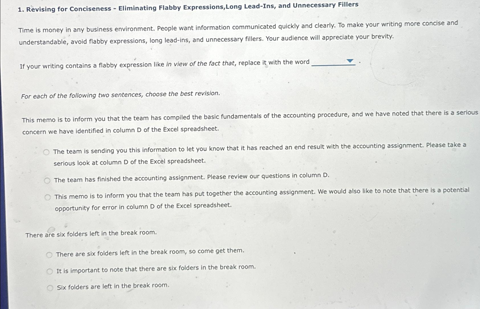 Solved Revising for Conciseness - ﻿Eliminating Flabby | Chegg.com