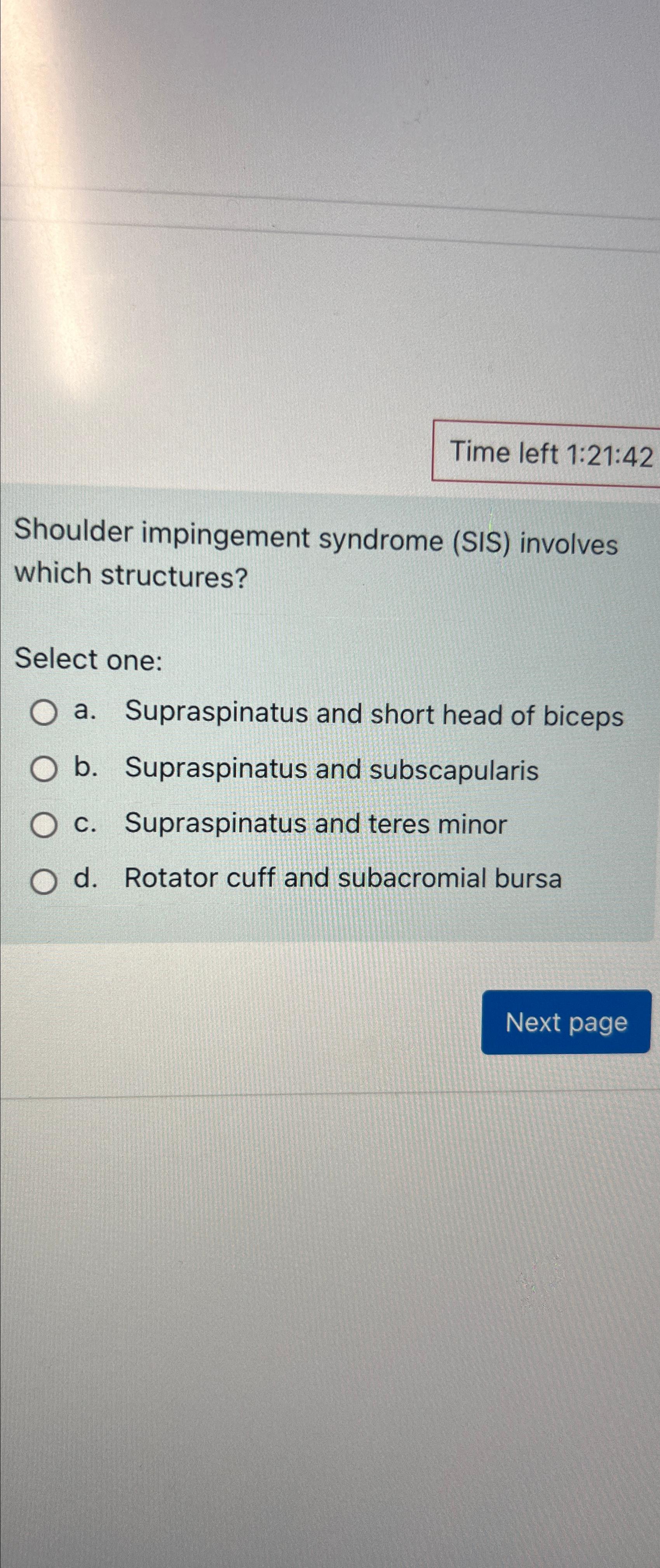 Solved Time left 1:21:42Shoulder impingement syndrome (SIS) | Chegg.com