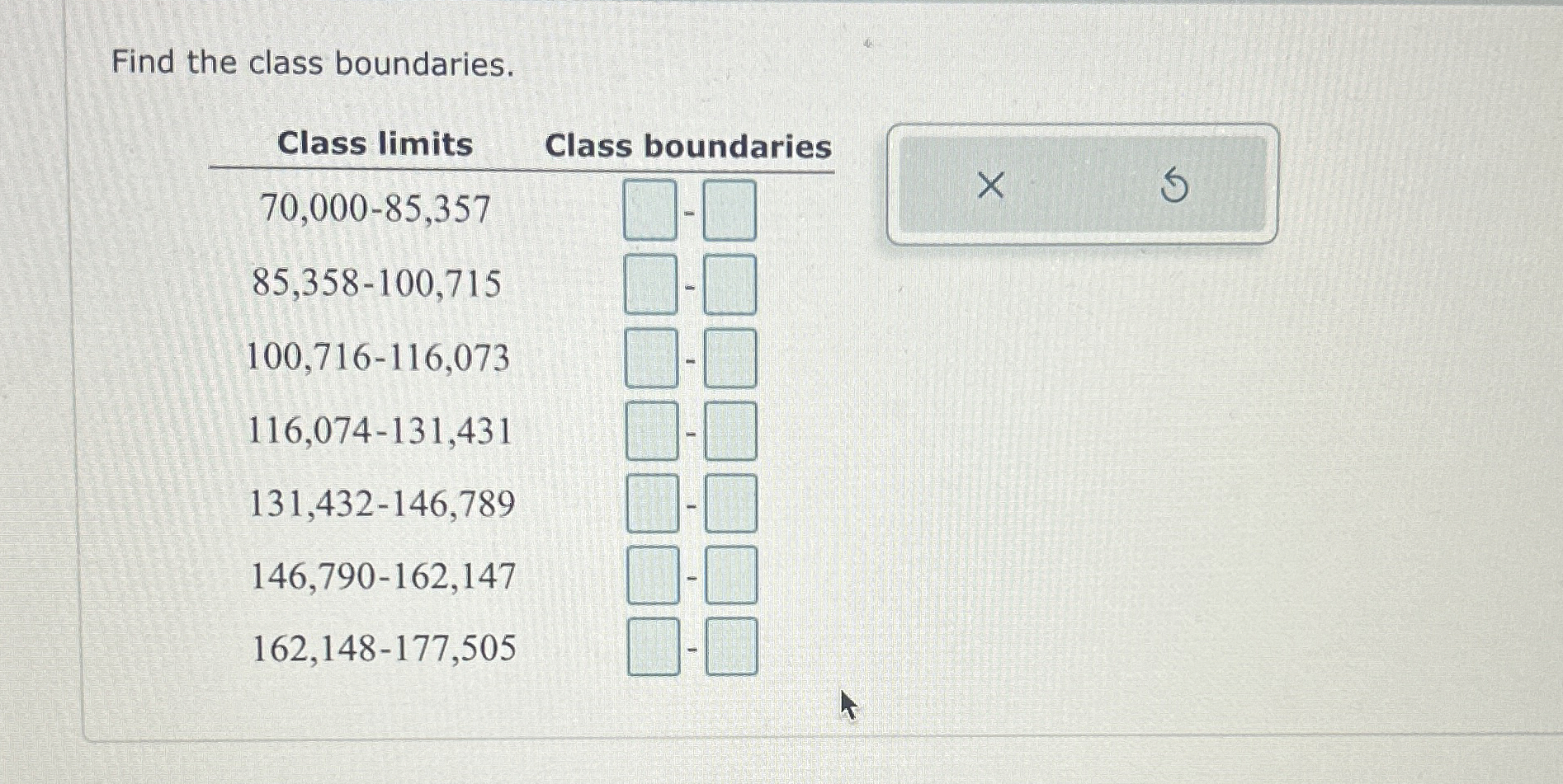 Solved Find the class boundaries.\table[[Class limits,Class | Chegg.com