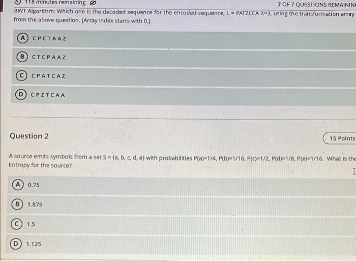 Solved BWT Algorithm; Which one is the decoded sequence for | Chegg.com