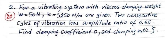 Solved 2. For a vibrating system with viscous damping weight | Chegg.com