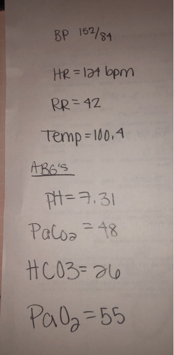 Solved BP 152/84 HR=124 bpm RR=42 Temp=100,4 ABG'S PH=7,31 | Chegg.com
