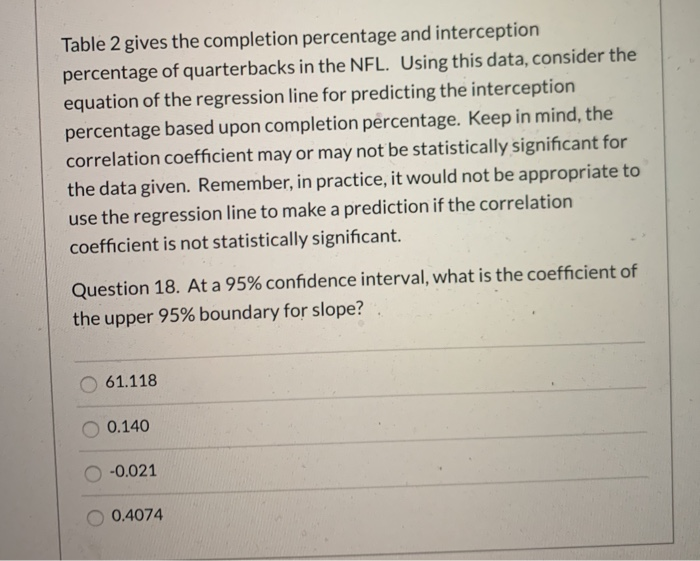 Solved Completion Percentage Interception Percentage 59 4.9 | Chegg.com