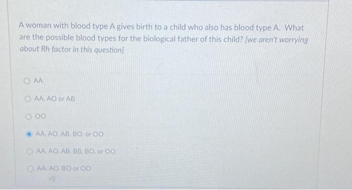 Solved A woman with blood type A gives birth to a child who | Chegg.com