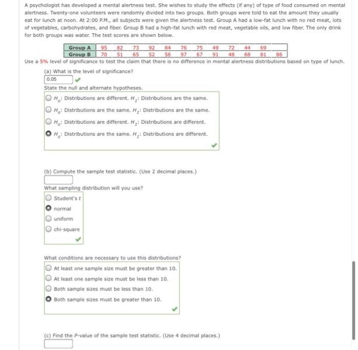 Solved A psychologist has developed a mental alertness test. | Chegg.com
