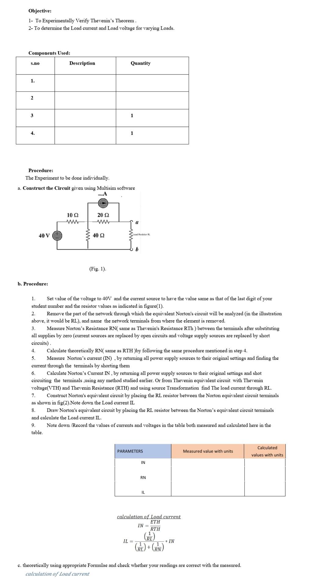 Solved Objective: 1. To Experimentally Verify Thevenin's | Chegg.com