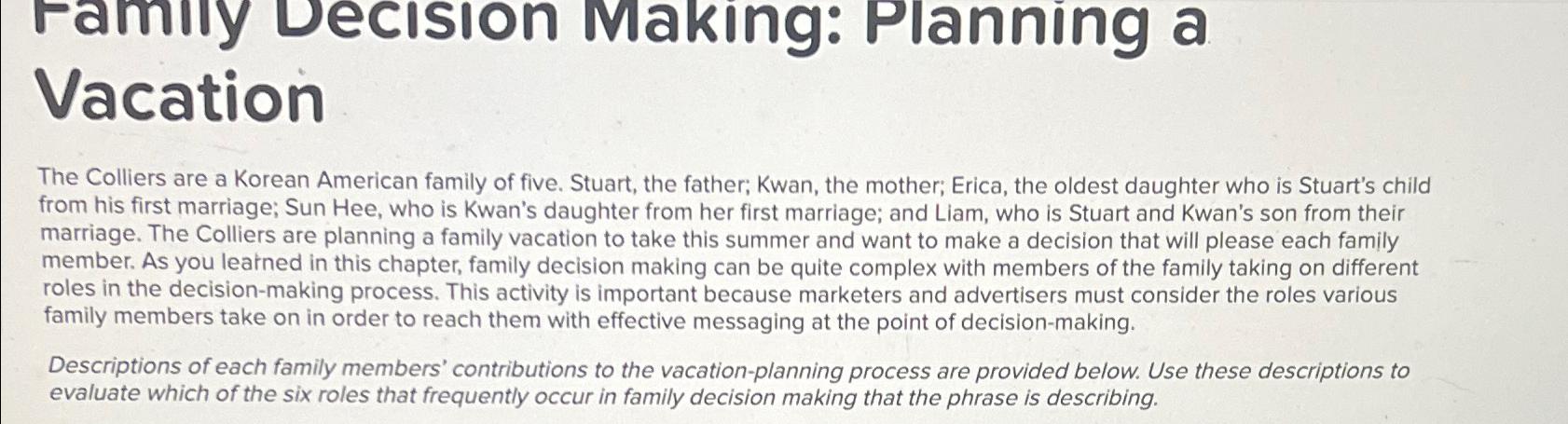 Solved Family Decision Vaking: Planning a VacationThe | Chegg.com