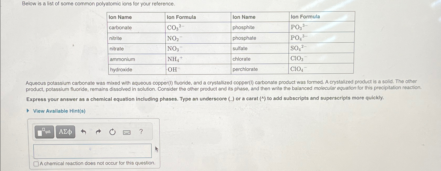 Solved Below is a list of some common polyatomic ions for | Chegg.com