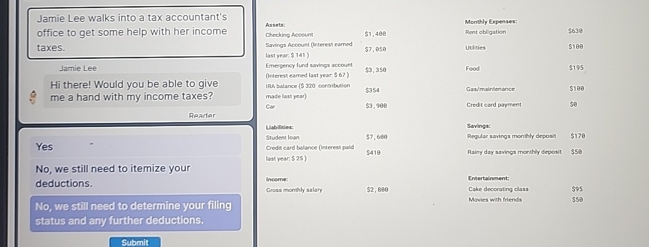 Solved Jamie Lee walks into a tax accountant's office to get | Chegg.com