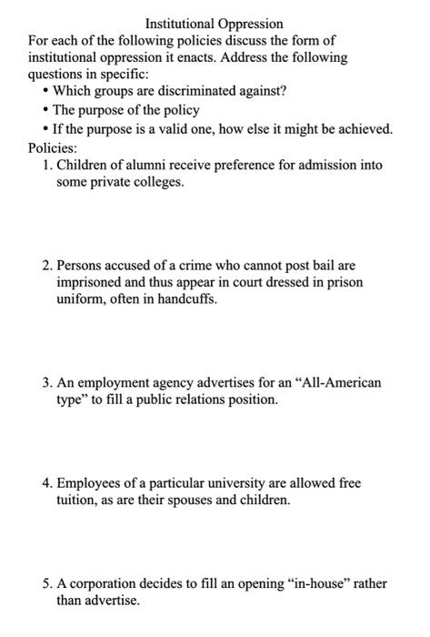 Institutional Oppression For each of the following | Chegg.com