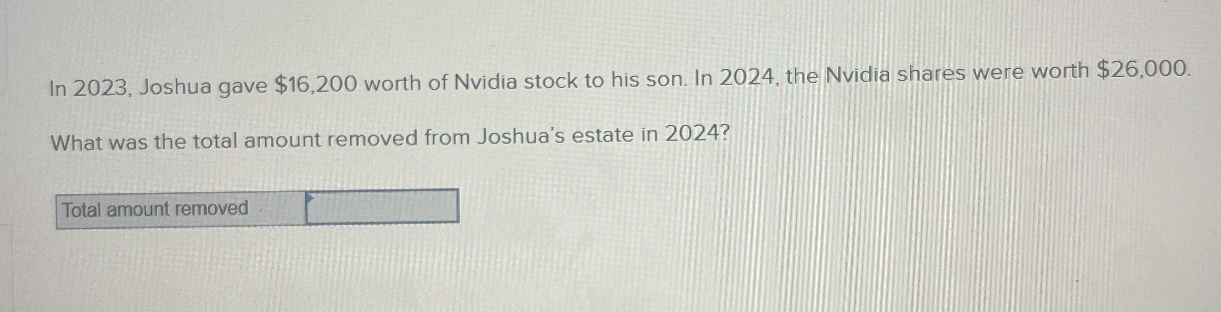 Solved In 2023, ﻿Joshua gave $16,200 ﻿worth of Nvidia stock | Chegg.com