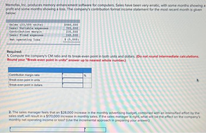 Solved Memofax, Inc. produces memory enhancement software | Chegg.com