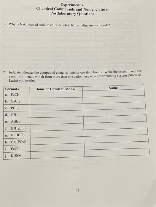 Solved Experiment 4 Chemical Compounds and Nomenclature | Chegg.com