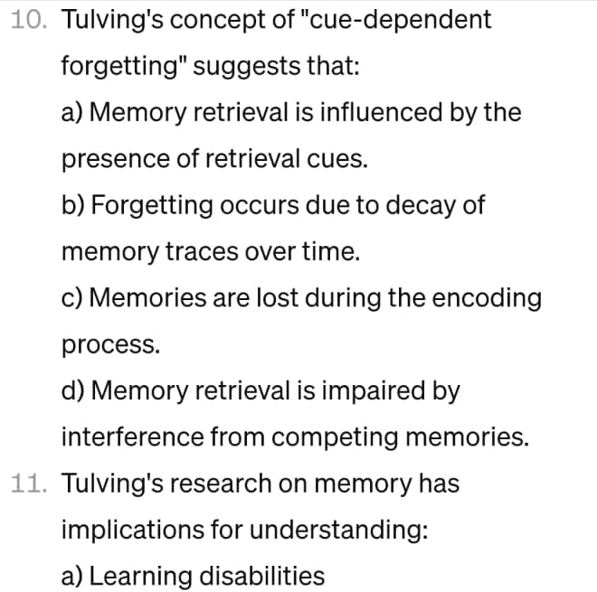 Solved Tulving's concept of "cue-dependent forgetting" | Chegg.com