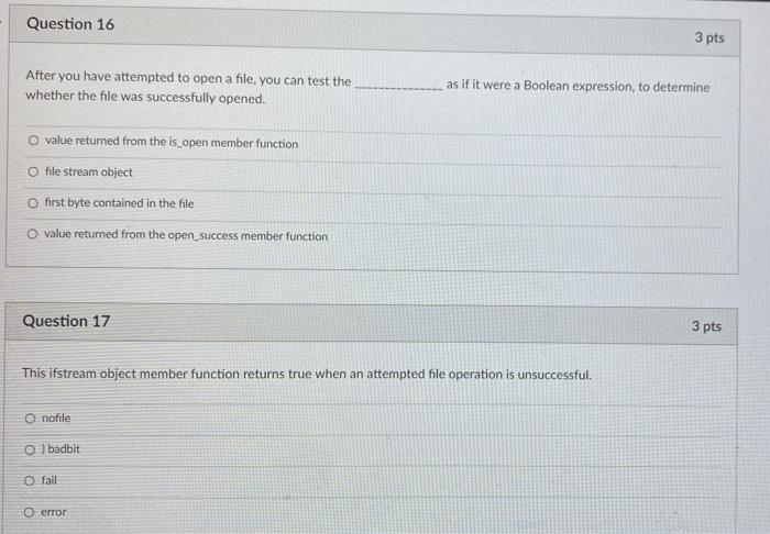 Solved Question 14 3 pts If datafile is an ifstream object | Chegg.com