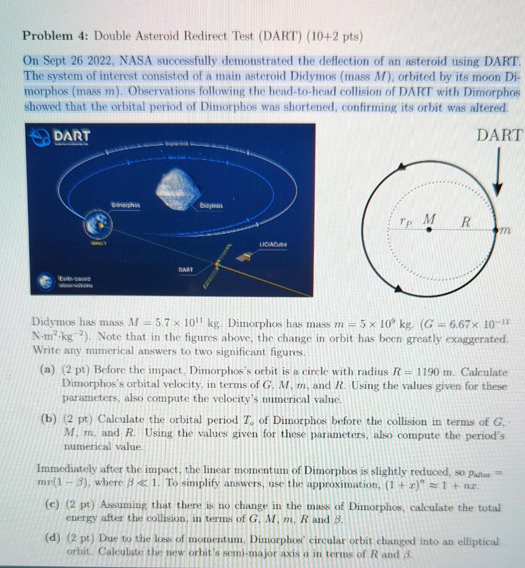Solved Problem 4: Double Asteroid Redirect Test (DART) (10+2 | Chegg.com