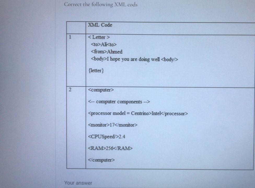 Solved Correct the following XML cods XML Code 1 Ali Ahmed | Chegg.com
