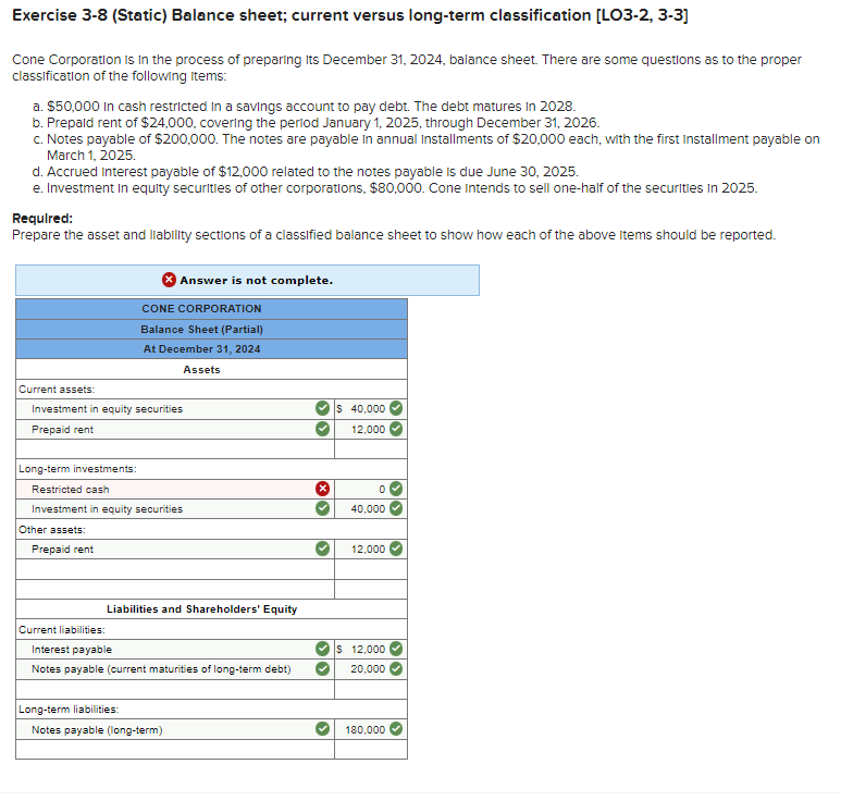 Solved Exercise 3-8 (Static) ﻿Balance sheet; current versus | Chegg.com